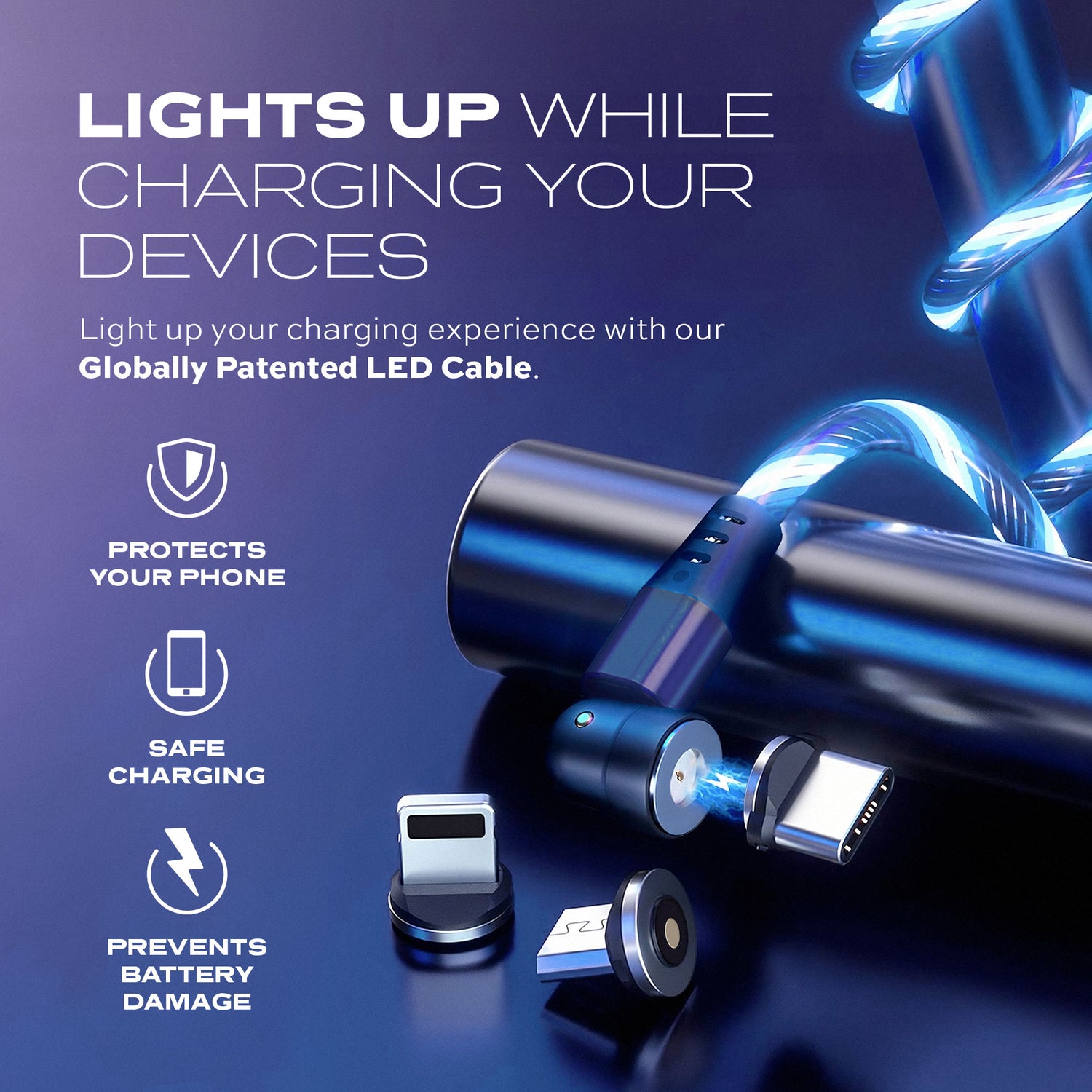 GloBright® 360 Blue | Magnetic Tips LED Light Up Cable