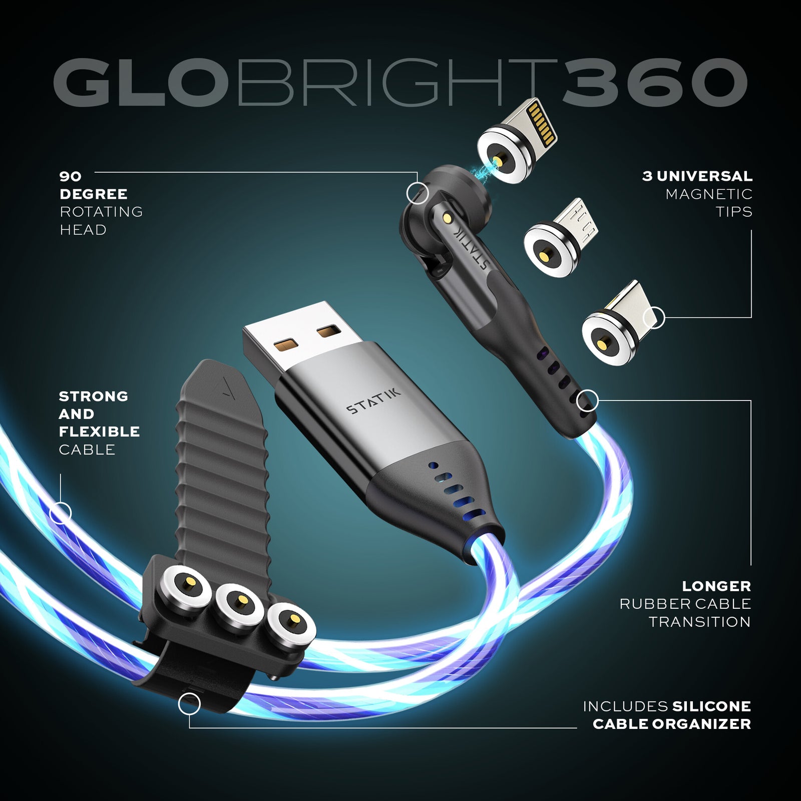 GloBright® 360 Blue | Magnetic Tips LED Light Up Cable