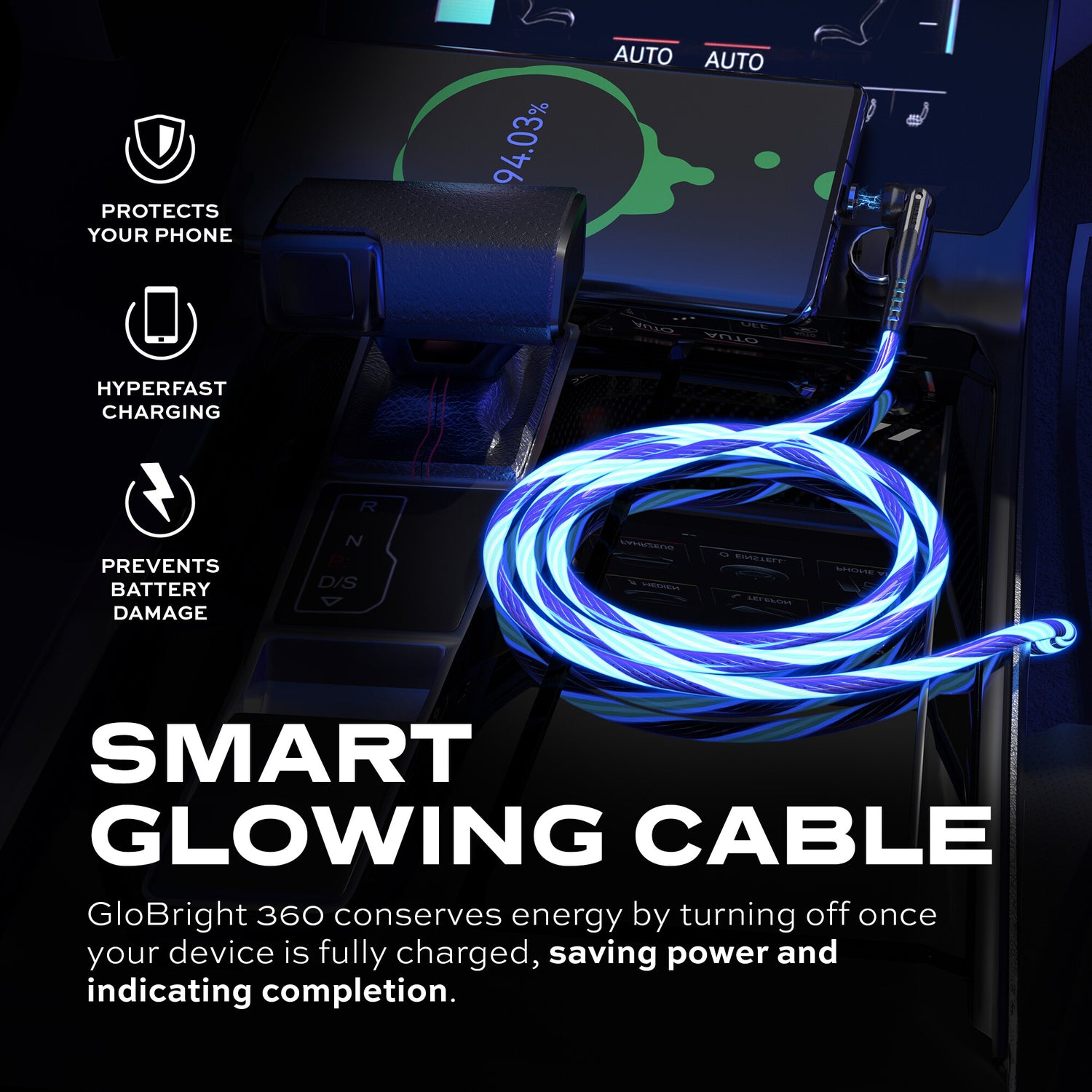 GloBright® 360 Blue | Magnetic Tips LED Light Up Cable